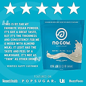 No Cow Vegan Protein Powder, Vanilla, 21g Plant Based Protein, Recyclable Bag, Dairy Free, Soy Free, No Sugar Added, Keto Friendly, Gluten Free, Naturally Sweetened, Non GMO, Kosher, 1.74 Pound