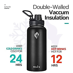 Elvira 32oz Vacuum Insulated Stainless Steel Water Bottle with Straw & Spout Lids, Double Wall Sweat-proof BPA Free to Keep Beverages Cold For 24Hrs or Hot For 12Hrs-Black