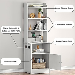 Gdvsclr Nightstand with Charging Station, 55.3" Tall Nightstand with Adjustable Shelves, Bedside Tables with Storage Cabinet, End Table for Living Room, Bedroom, Study Room, Home Office, White