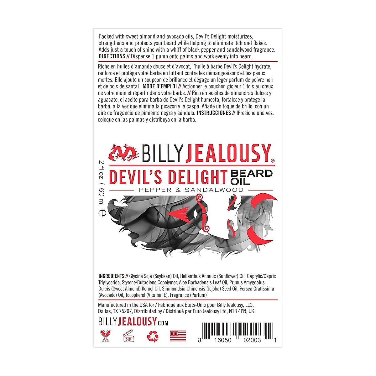 Billy Jealousy Beard Oil for Men, Weightless, Low Shine, and Hydrating Beard Moisturizer for Softer Hair, Helps Prevent Itching and Flakes, Devil's Delight, 2 Fl Oz