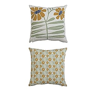 Creative Co-Op Creative Co-Op Cotton Printed Pillow with Flowers, Embroidery and Floral Printed Back, Set of 2 Styles