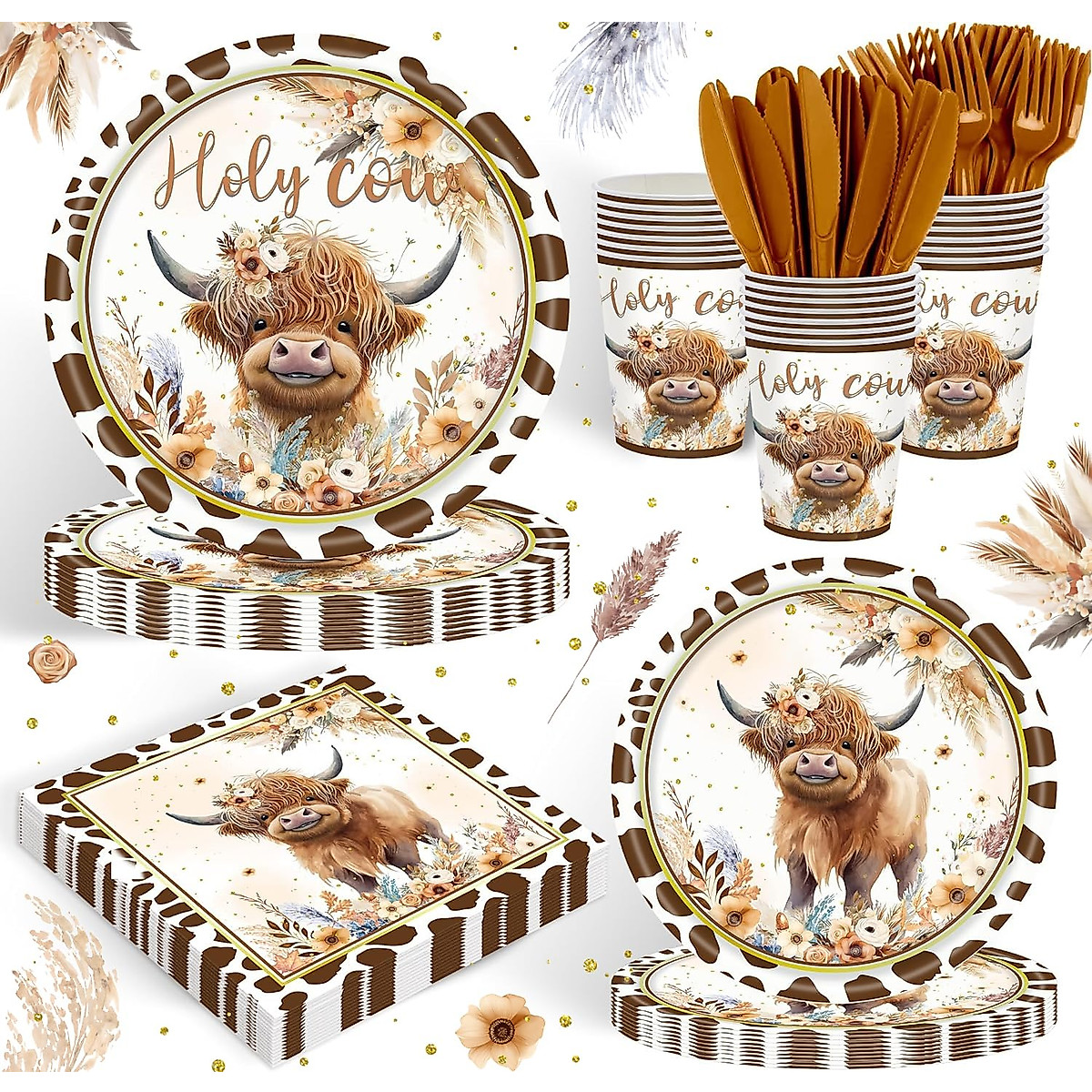 120PCS Boho Highland Cow Party Supplies for Boys girls Holy Cow Highland Themed Baby Shower Birthday Party Decorations Disposable Tableware Set Plates Napkins Cups Set for 20 Guests