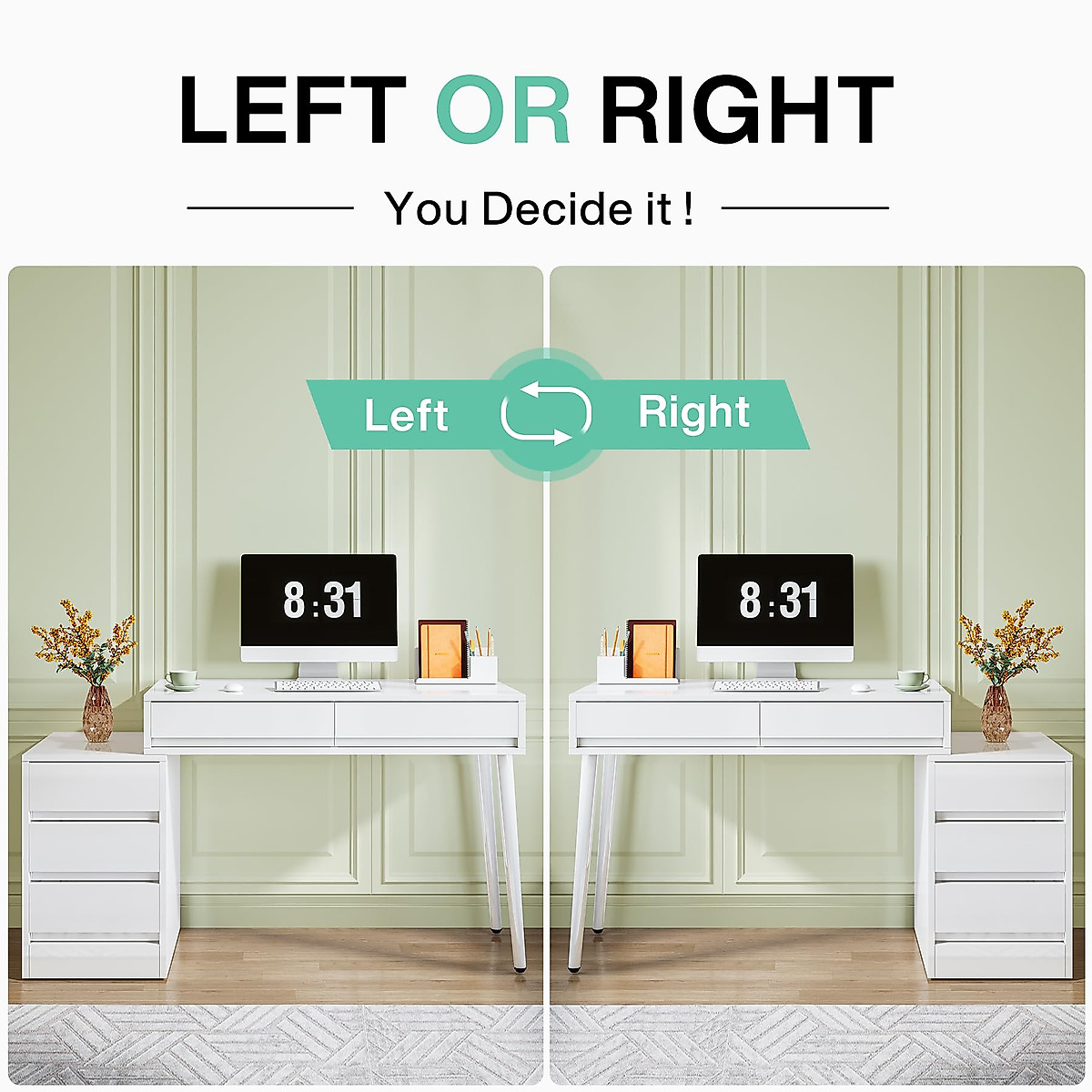 Tribesigns White Desk with 5 Drawers, High Gloss White Modern Home Office Desk with Storage Drawers and Printer Stand, Reversible Computer Desk Vanity Desk for Bedroom, Living Room