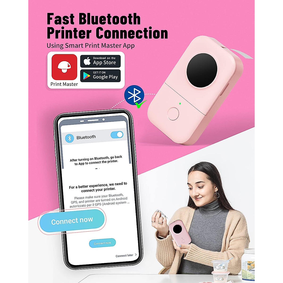 Phomemo Label Maker D30 Portable (Pink)-with 5 Adhesive Label Thermal Paper Portable Mini Bluetooth Thermal Label Printer Labeler Easy to Use,Gift- (USB Rechargeable)