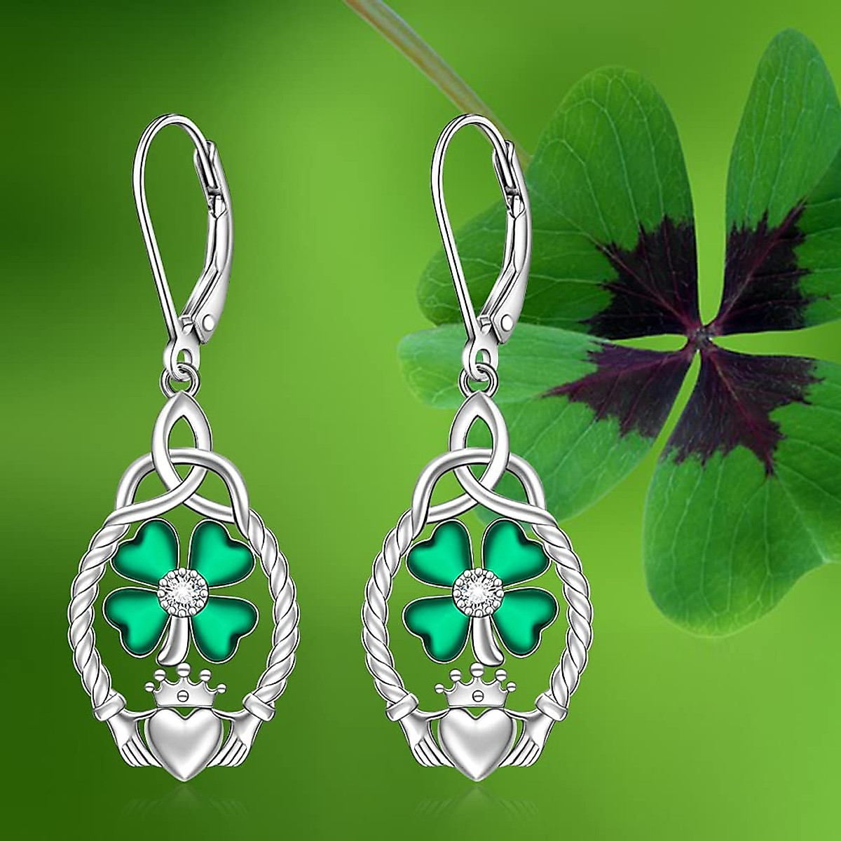 St Patricks Day Earrings Shamrock Earrings for Women Four Leaf Clover Sterling Silver Irish Celtic Claddagh Green Shamrock Dangle Lucky Jewelry Gifts