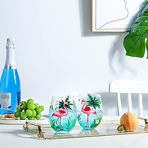 NymphFable Set of 2 Flamingo Stemless Gin Cocktail Glass Tumbler Hand Painted Wine Glass Flamingo Gifts for Women with Gift Box, 18oz