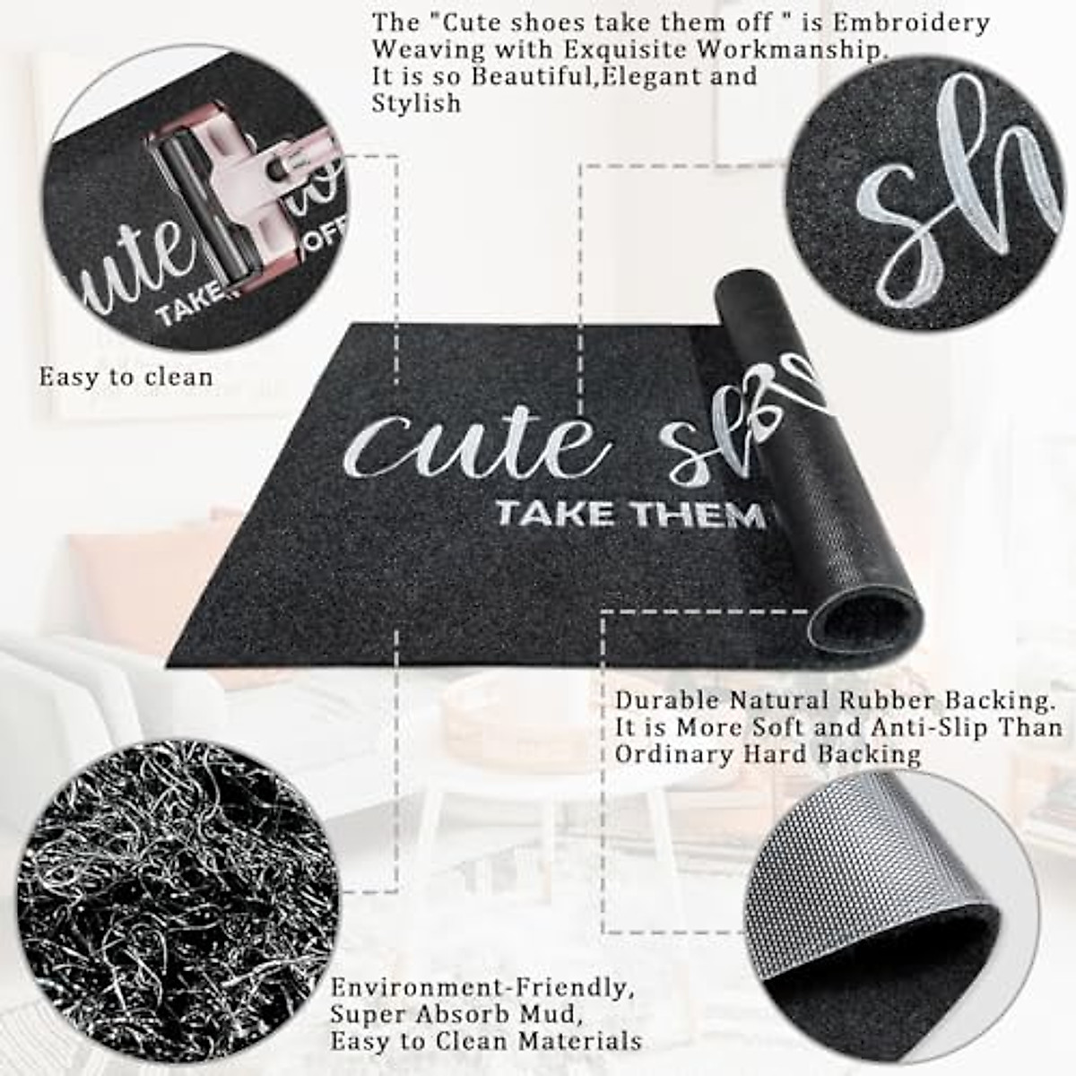 Welcome Mat Outdoor Entryway Cute Shoes Take Them Off Mats for Front Door with Rubber Backing Doormat Indoor Mat Polystyrene Non Slip Natural Mat Black