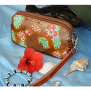 Leather Purse/wallet,two Zipper for Two Separate Rooms, Lovely Hawaii Scenery (Brown)
