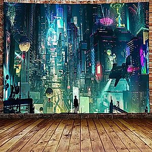 X-SISTER Fantasy Cityscape Tapestry Futuristic City Neon Punk Wall Hanging Teenage Boy Bedroom Tapestries 80×60 Inch for Livingroom Dorm Dormitory Apartment Tapestry TA21734