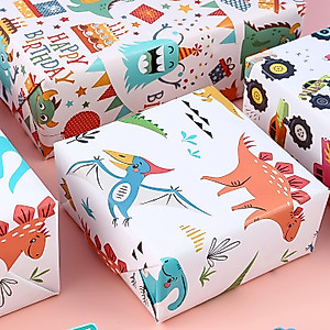 CAMKUZON Birthday Wrapping Paper Rolls for Kids Boys Girls Baby Shower Holiday - Cartoon Dinosaur, Monster Truck and Happy Party Designs Gift Wrap - Pack of 3, 17.7 Inch X 10 Feet Per Roll
