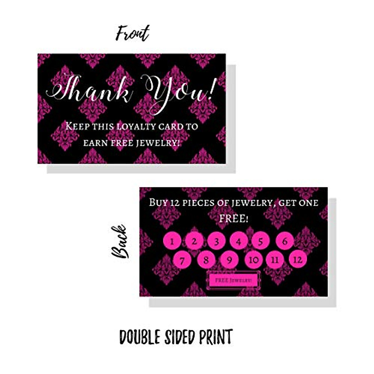 Jewelry Loyalty Cards | 50 Pk of Cards| Thank You Notes Black and Pink Fleur | 5 Bling Buy 12 Get One Piece of Jewelry Free