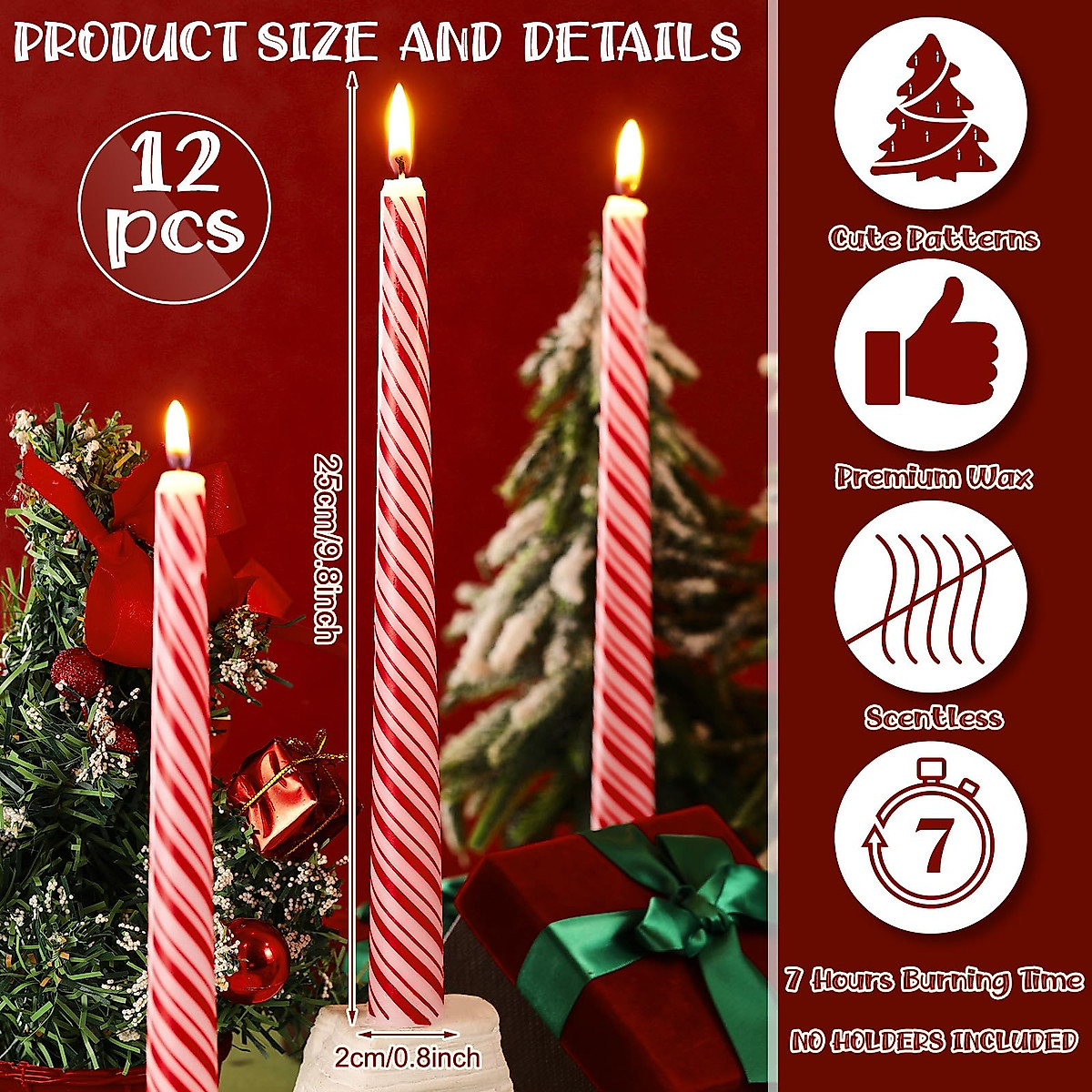 Tujoe 12 Pcs Christmas Taper Candles 10 Inch Tall Red and White Stripes Candles Long Burning Candles Christmas Decoration Christmas Candle for Christmas Dinner Xmas Party Table Decoration