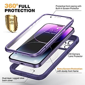 Diaclara Designed for iPhone 14 Pro Max Case 6.7’’,[Compatible with MagSafe][2023] Full Body Rugged Magnetic Protective Case+9H Camera Lens Protector w/Built-in Screen Protector (Deep Purple)