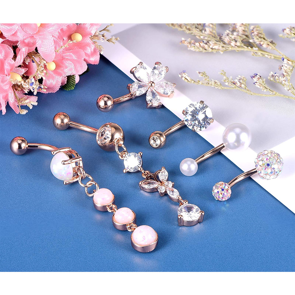 FECTAS 14g Belly Button Rings Dangle Surgical Steel CZ Navel Ring Barbell for Women Body Piercing Jewelry Rose Gold Silver