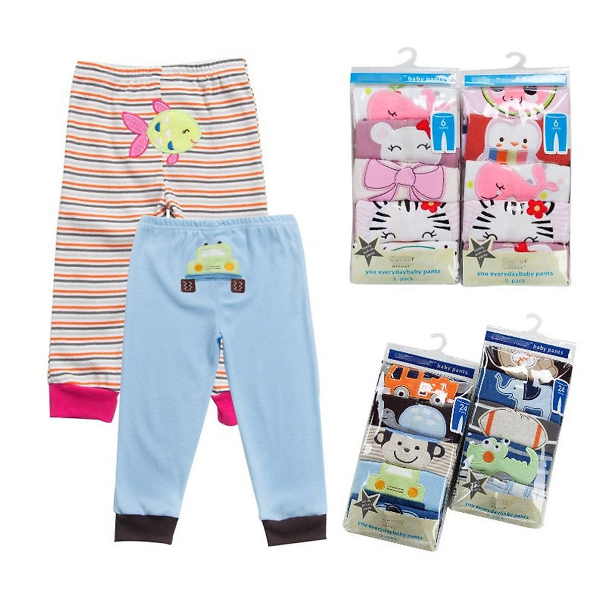 Monvecle Baby Boy 5pcs Pack Newborn to Toddler Cotton Long Cartoon Pants Gift Set 24M