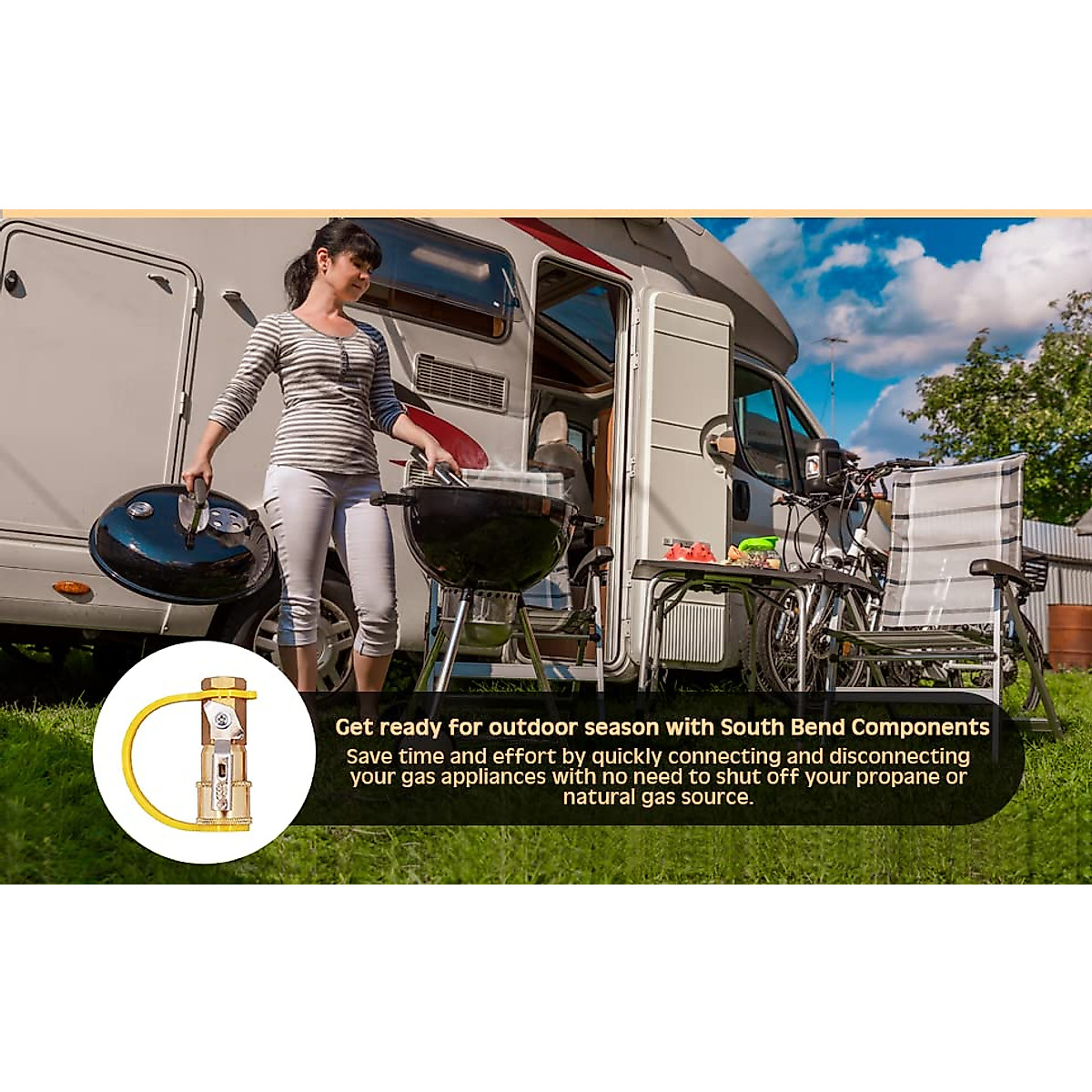 South Bend Components LP Gas Quick Connect Fitting, 100% Solid Brass – Propane Gas Quick Disconnect Adapter with On-Off Valve 1/4" Female NPT Thread for RV, Grill, BBQ, Pizza Oven, Patio Heater