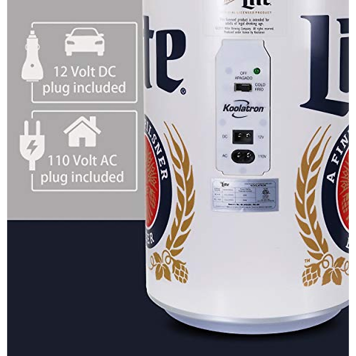 Miller Lite 8 Can Portable Mini Fridge w/ 12V DC and 110V AC Cords, 5.4L (5.7 qt) Beer Can Shaped Personal Cooler, White, Travel Fridge for Beer, Snacks, Lunch, Drinks, Home, Office, Bar, Dorm, RV