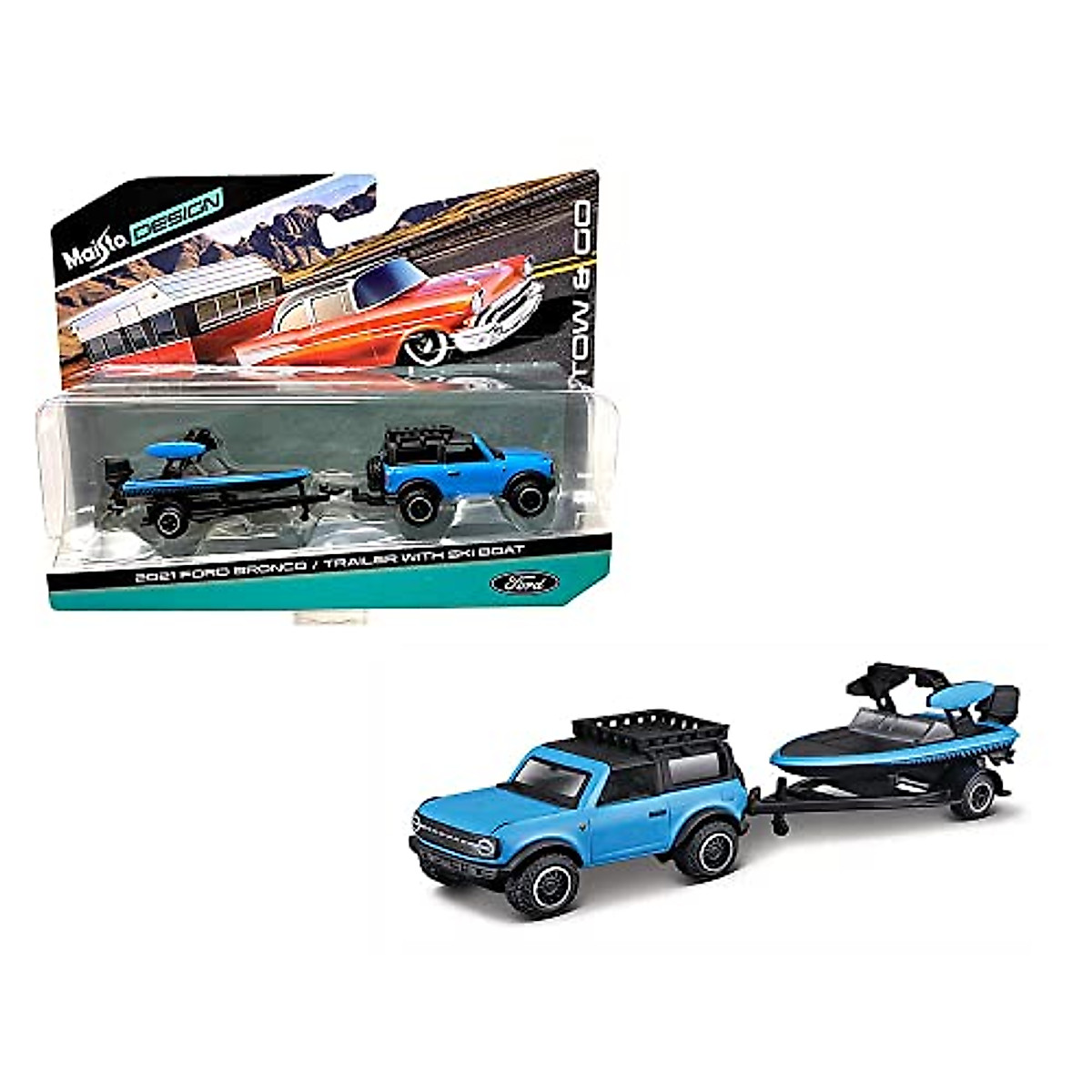 2021 Bronco Blue with Black Top and Roof Rack and Ski Boat with Trailer Blue and Black Tow & Go Series 1/64 Diecast Model Car 15368-22D