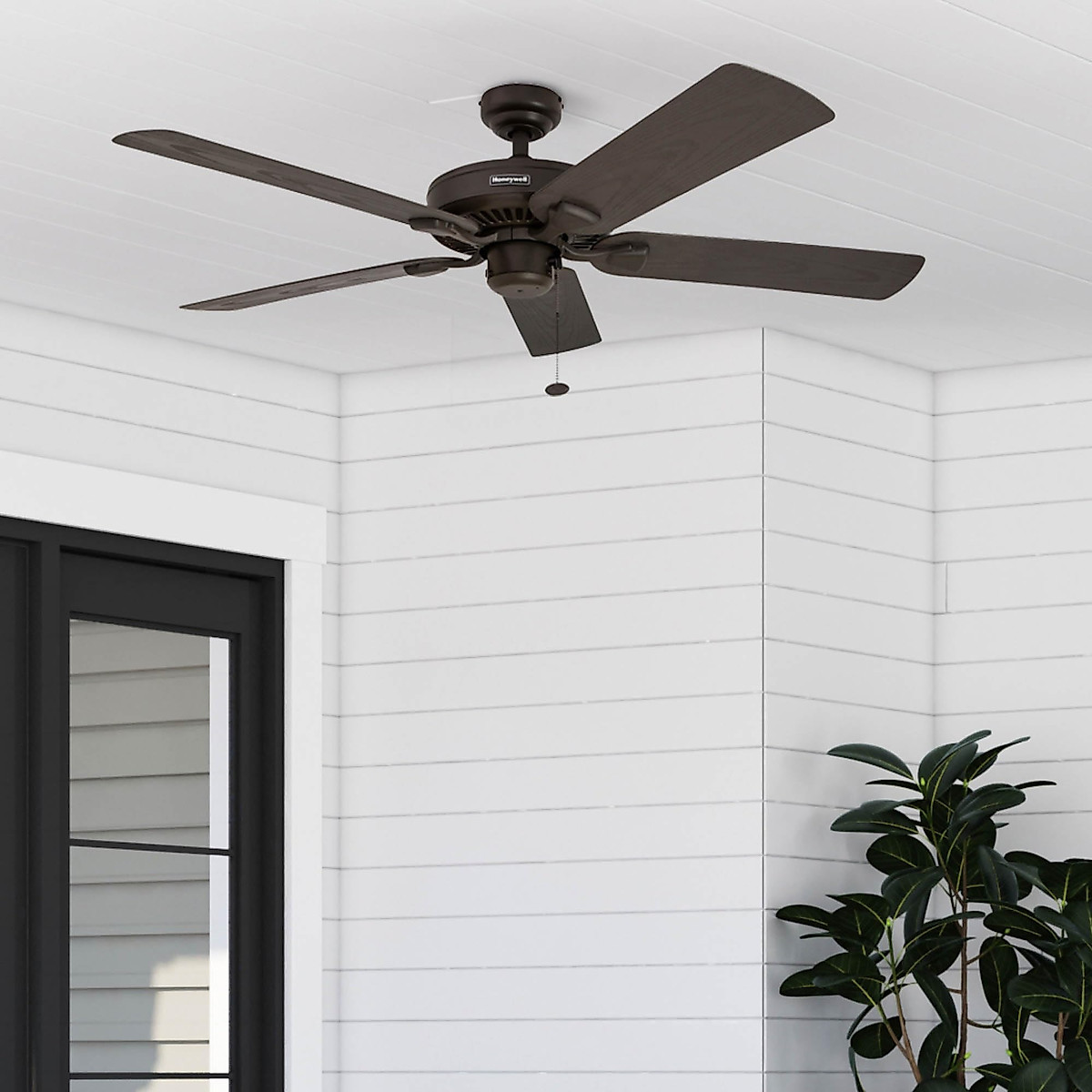 Honeywell Ceiling Fans Belmar, 52 Inch Traditional Indoor Outdoor LED Ceiling Fan with No Light, Pull Chain, Three Mounting Options, ETL Damp Rated, Reversible Motor - 50199-01 (Bronze)
