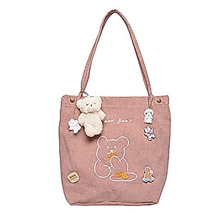 Women Corduroy Shoulder Bag Cute Bear Canvas Tote Bag Large Corduroy Hobo Bag Casual Shoulder Handbag for Work School Travel (Pink)