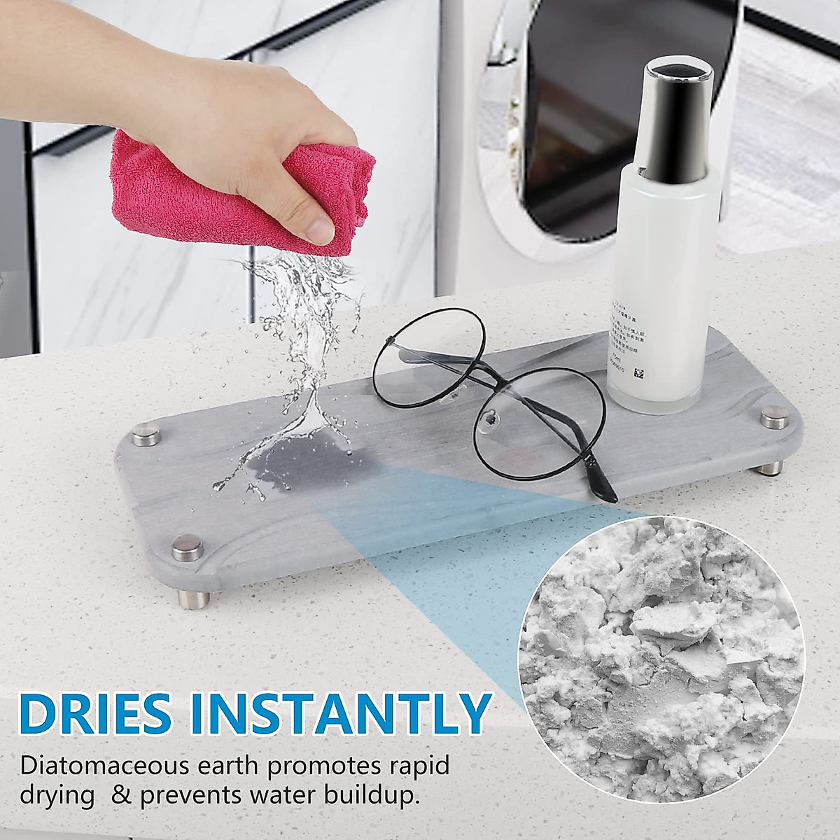 TGIFGO Instant Dry Sink Organizer Water Absorbing Stone Tray for Sink Fast Drying Sink Caddy Use for Kitchen Bathroom Vanity Countertop Natural Diatomaceous Prevent Moisture Buildup (Gray, Oval)