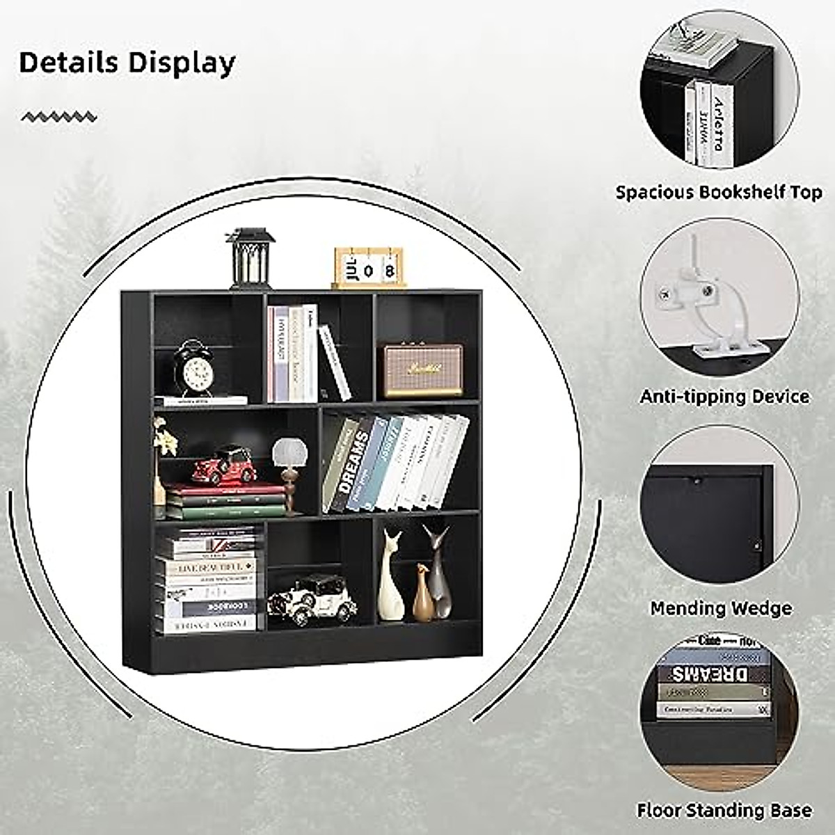 YAHARBO Black Wide Bookshelf,3 Tier Modern Horizontal Bookcase,Wood Low Bookshelves Display Storage Cabinet with Base,Floor Standing 8 Cube Large Bookcases Organizer for Bedroom,Living Room,Office