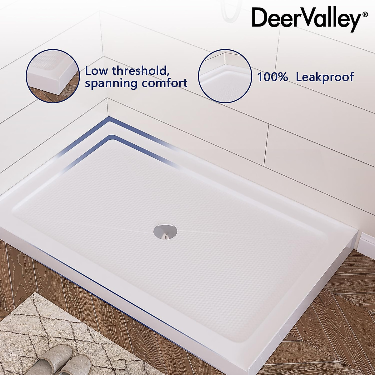 DeerValley DV-1SB0107 48"L X 30"W Shower Base in White with Single Threshold and Center Drain, Center Drain Location, Small Rectangle Acrylic Shower Pan, Non-slip Design