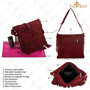 LiaTalia Womens Fringe Handbag - Real Italian Suede Leather - Tassle Effect Shoulder Bag in Medium Size - ASHLEY [Electric Blue]