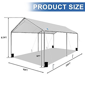 Carport Canopy 10'x20' Heavy Duty Carport, Waterproof & UV Protected Garage Top Tarp Shelter Cover with Reinforced Steel Cables, Outdoor Portable Garage for Car, Boat Tent, Light Grey