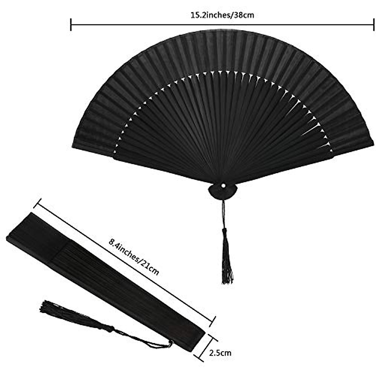 2 Pieces Silk Folding Hand Fan Black Bamboo Handheld Fan Chinese Folded Fan with Tassel for Dance Party Home Decorations (Classic Style)