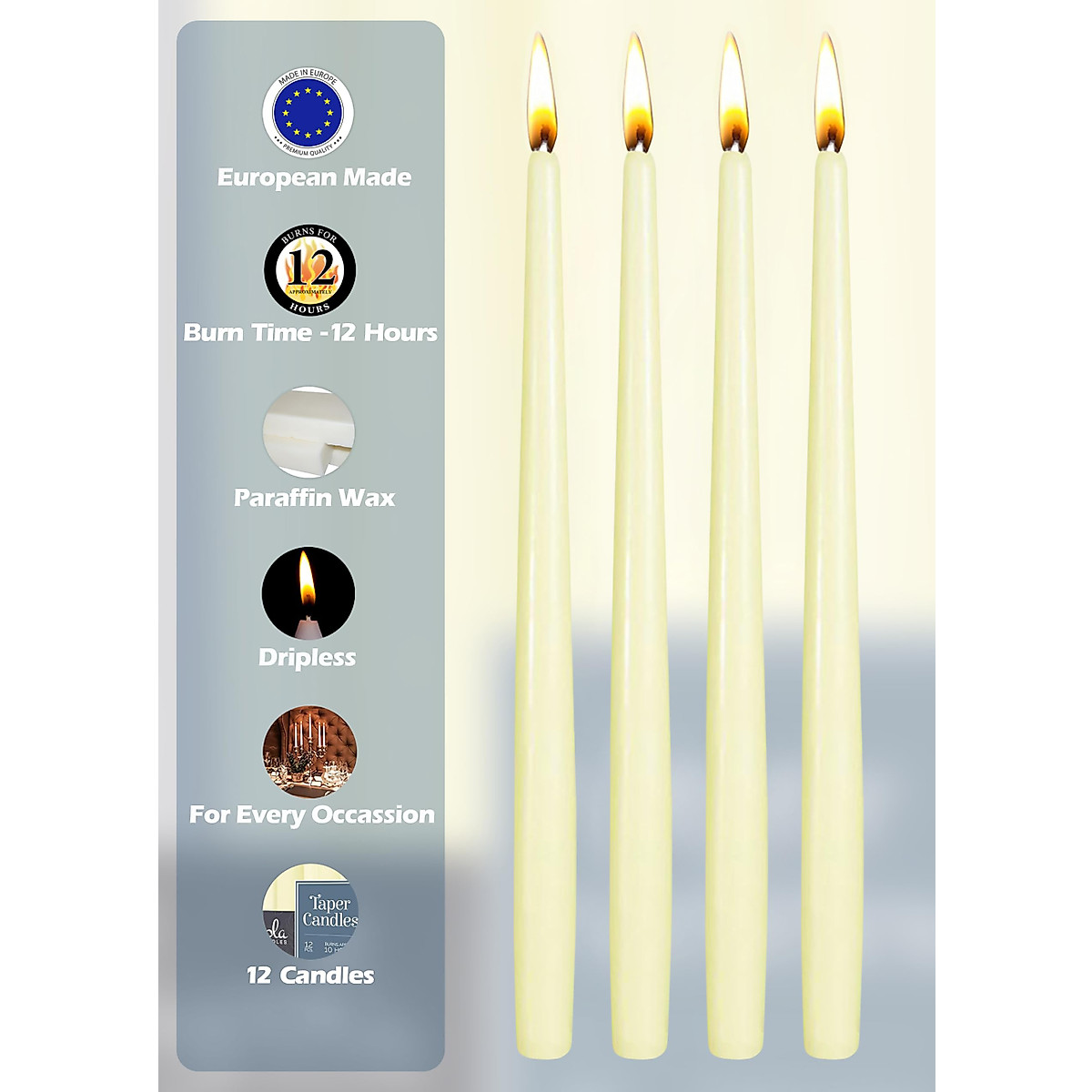12 Pack Tall Taper Candles - 14 Inch Ivory Dripless, Unscented Dinner Candle - Paraffin Wax with Cotton Wicks - 12 Hour Burn Time