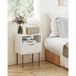 AEPOALUA Nightstand,Small Bedside Table with Gold Frame,White Night Stand,Bedside Furniture,Side Table with Drawer and Shelf for Bedroom,Living Room