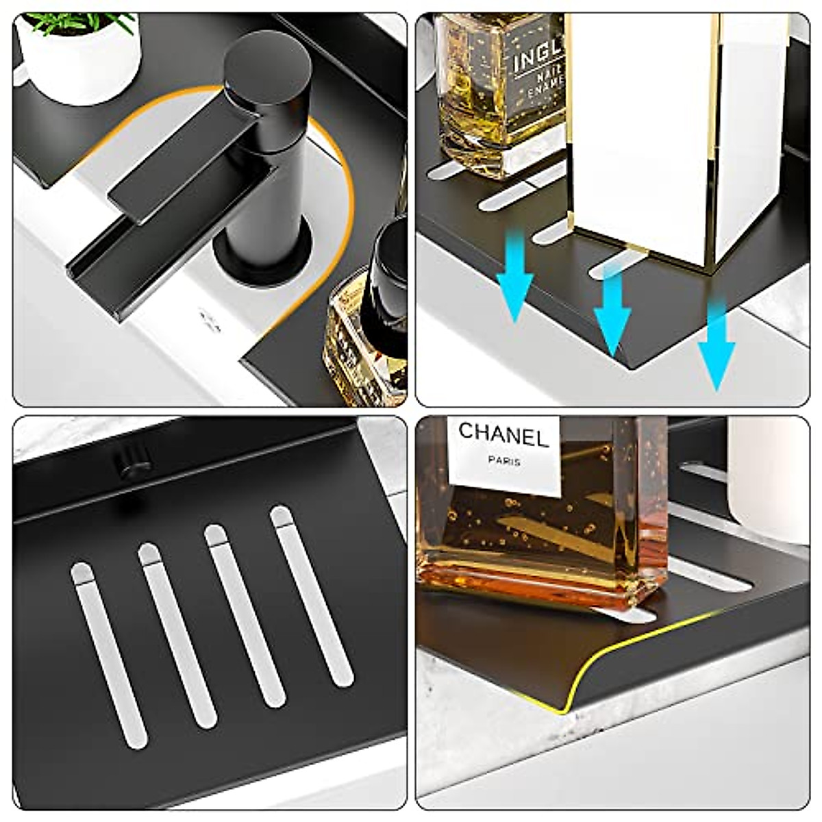 CAXIMSY Wall Mounted Floating Metal Shelf Strip Bathroom Shelf Wall Mount Shelves Space Saving Rustproof Extra U-Shaped Strong Faucet Shelves Storage Shelf (Black, 15.74In（40CM）)