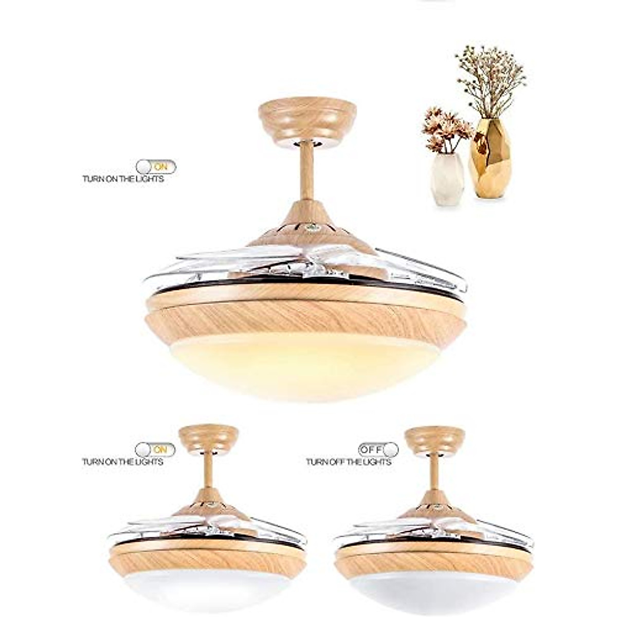Fashionable chandelier Retro modern industrial chandelier/LED Invisible Ceiling Fans with Lamp,Wood Fan Lights Remote Control Chandelier with Electric Fan Lighting for Bedroom and Restaurant,Whiteligh