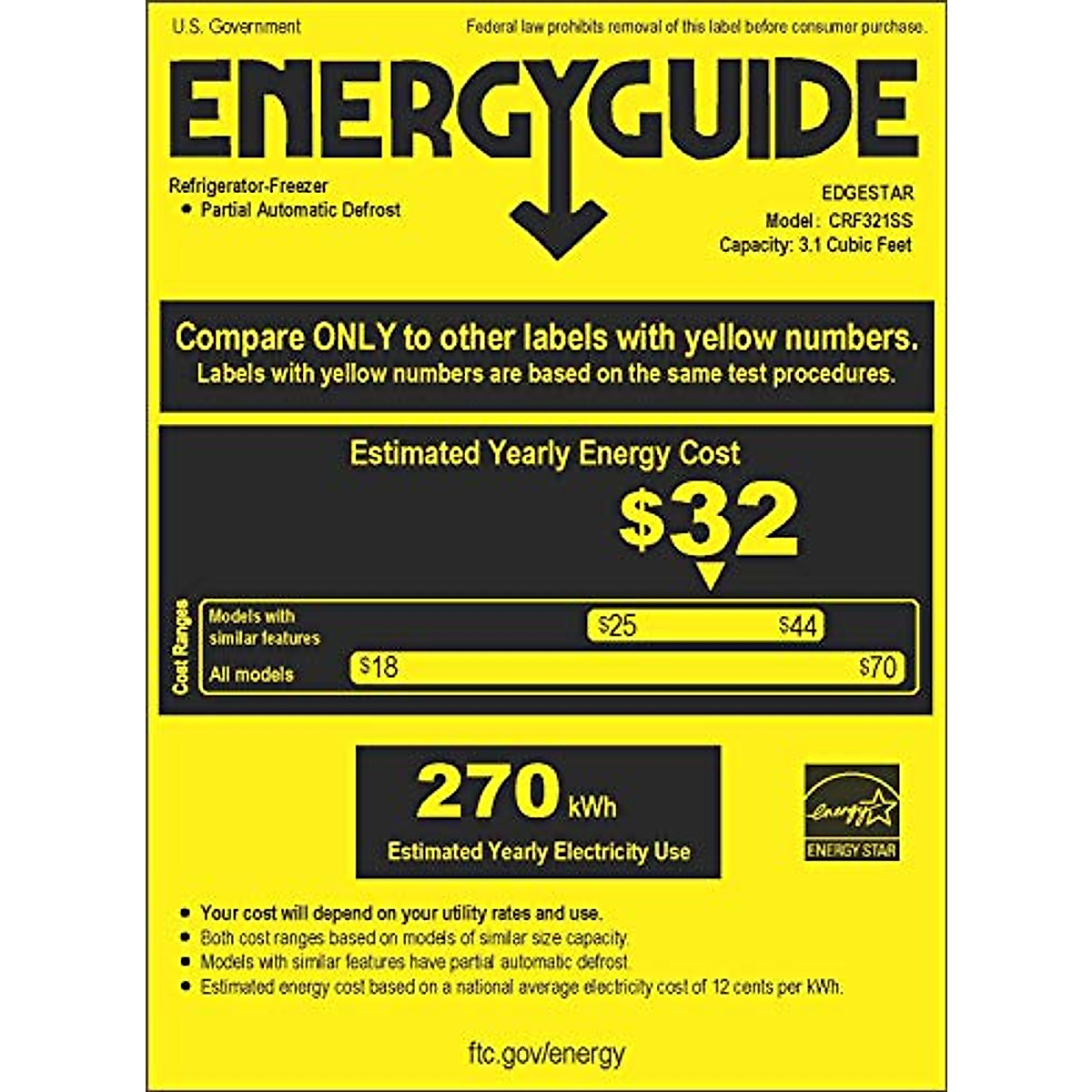 EdgeStar CRF321SS 3.1 Cu. Ft. Dorm Sized Energy Star Compact Fridge/Freezer