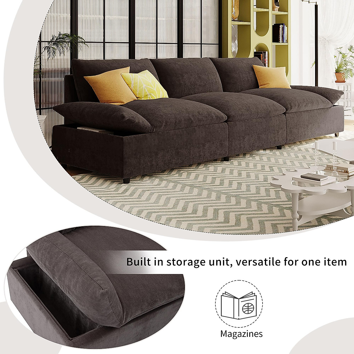 Merax 119.5" Upholstered 3 Seater Sofa, Comfy Cloud Couch with 2 Storage Units, Modern Deep Seat for Living Room Bedroom Apartment, Gray