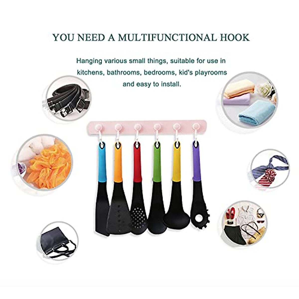 BOSGAS Adhesive Wall Hook with 6 Rotate Hooks,Wall Coat Rack, Perfect for Hanging Clothes Cooking Tool Towel in Kitchen and Bedroom, Easy to Use, Strong Bearing Capacity (Pink)