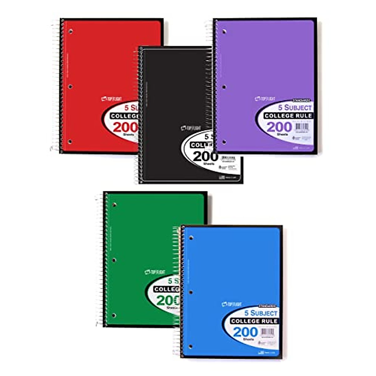 Top Flight Standards 5-Subject Wirebound Notebook, 200 Sheets, 3-Hole Punched, College Rule, 10.5 x 8 Inches, 1 Notebook, Color May Vary (31820)
