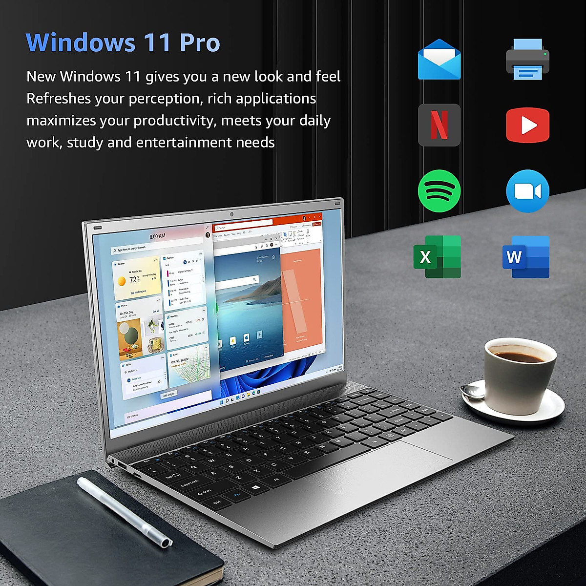 Tulasi 12GB RAM 256GB SSD Intel Celeron N4120 Quad-Core Windows 11 Laptop Computers, 14 inch Full HD 1080P IPS Display Ultra Slim Laptop, 2.4G/5G WiFi, Bluetooth 4.2, Webcam, Long Battery Life