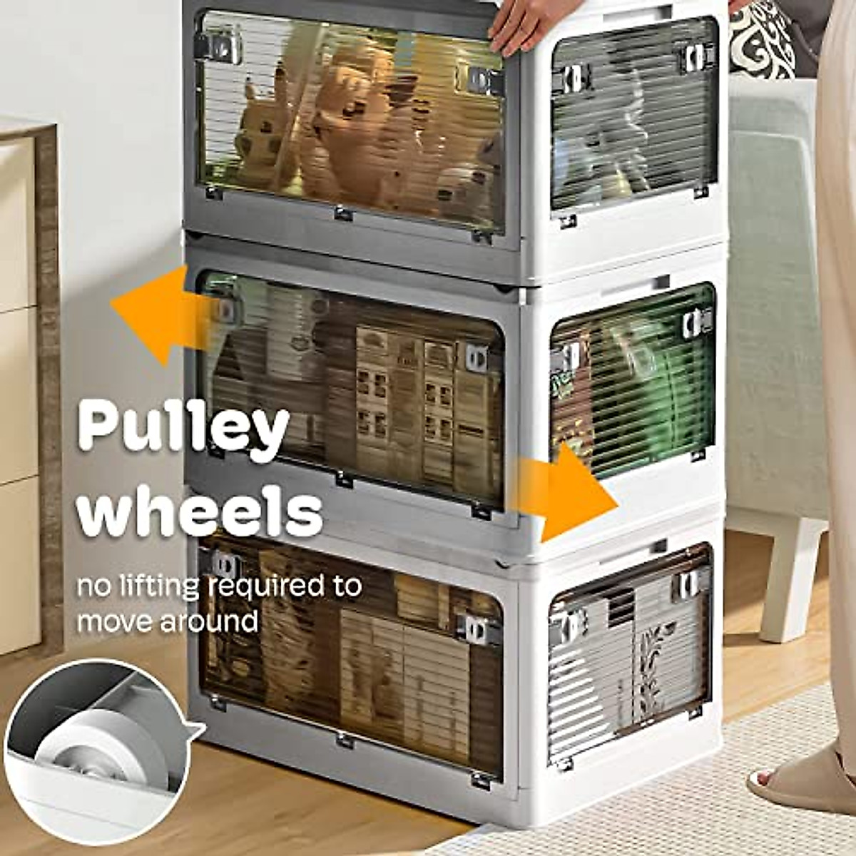 WYZworks Collapsible Storage Boxes with 5 sides Opening - Foldable Stackable Plastic Storage Box Tote w/Wheels Designed for Clothing, Snack Pantry, Toys, Side Latching Locks - 42L - White
