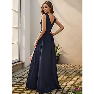Ever-Pretty Women's Bridesmaid Dresses Deep V-Neck Sleeveless Side Slit Floor Length Wedding Guest Dress Navy Blue US4