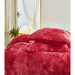 Jameswish Shaggy Plush Duvet Cover Set Super Soft Fluffy Faux Fur Comforter Cover Set Luxury Fuzzy Bedding Set 3 Piece(1Duvet Cover+2Pillowcases) with Zipper Clusure(Red White Ombre,Queen Size)