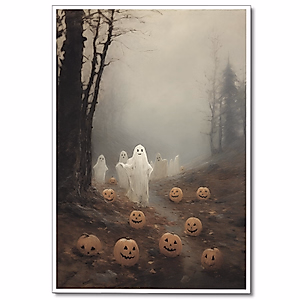 ogyormpi Vintage Halloween Canvas Wall Art, Cute Ghosts In Haunted Forest Poster, Funny Spooky Lighted Pumpkin Print Decorations, Dark Academia Halloween Pictures Wall Decor 12x16in Unframed