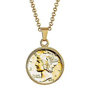 American Coin Treasures Gold-Layered Silver Mercury Dime Goldtone Coin Pendant with 18" Chain Necklace - Genuine and Elegant Keepsake Jewelry for Women | White Luxury Gift Box Included