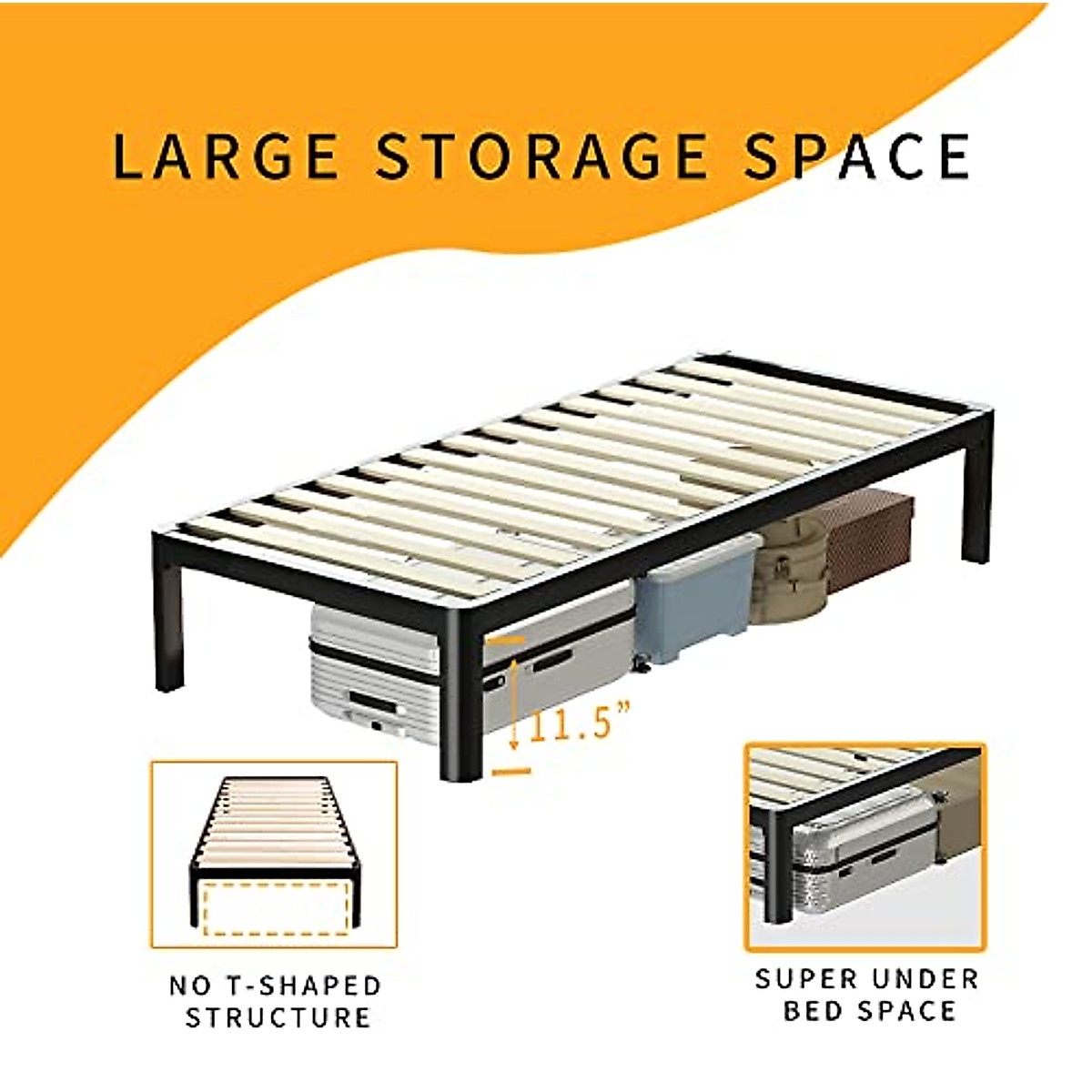 MAF 14 Inch Twin Platform Bed Frames with Wooden Slats, Black 3500 Lbs Heavy Duty Metal Bed Frame with Anti-Collision Round Legs, No Box Spring Needed, Easy Assembly