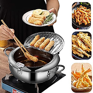 Deep Fryer Pot - Japanese Tempura Small Deep Fryer Stainless Steel Frying Pot With Thermometer,Lid And Oil Drip Drainer Rack for French Fries Shrimp Chicken Wings and Shrimp (24cm/9.4inch)