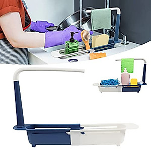 Bili-silly Upgraded Telescopic Sink Storage Rack Adjustable Length 2-in-1 Sink Organizer Tray Sponge Soap Holder with Dishcloth Hanger Expandable Kitchen Sink Organizer Rack for Home Kitchen