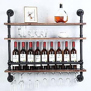 HAOVON Industrial Pipe Shelf Wine Rack Wall Mounted with 9 Stem Glass Holder,3-Tiers Rustic Floating Bar Shelves Wine Shelf,36in Real Wood Shelves Wall Shelf Unit,Pipe Shelving Glass Rack