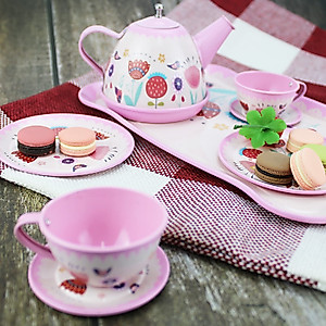 Pink Tea Set for Little Girls,Flower Design Kids Tea Party Set,Princess Tea Time Toys Teapot Dishes Kitchen Pretend Play Tin Tea Party Set for Girls