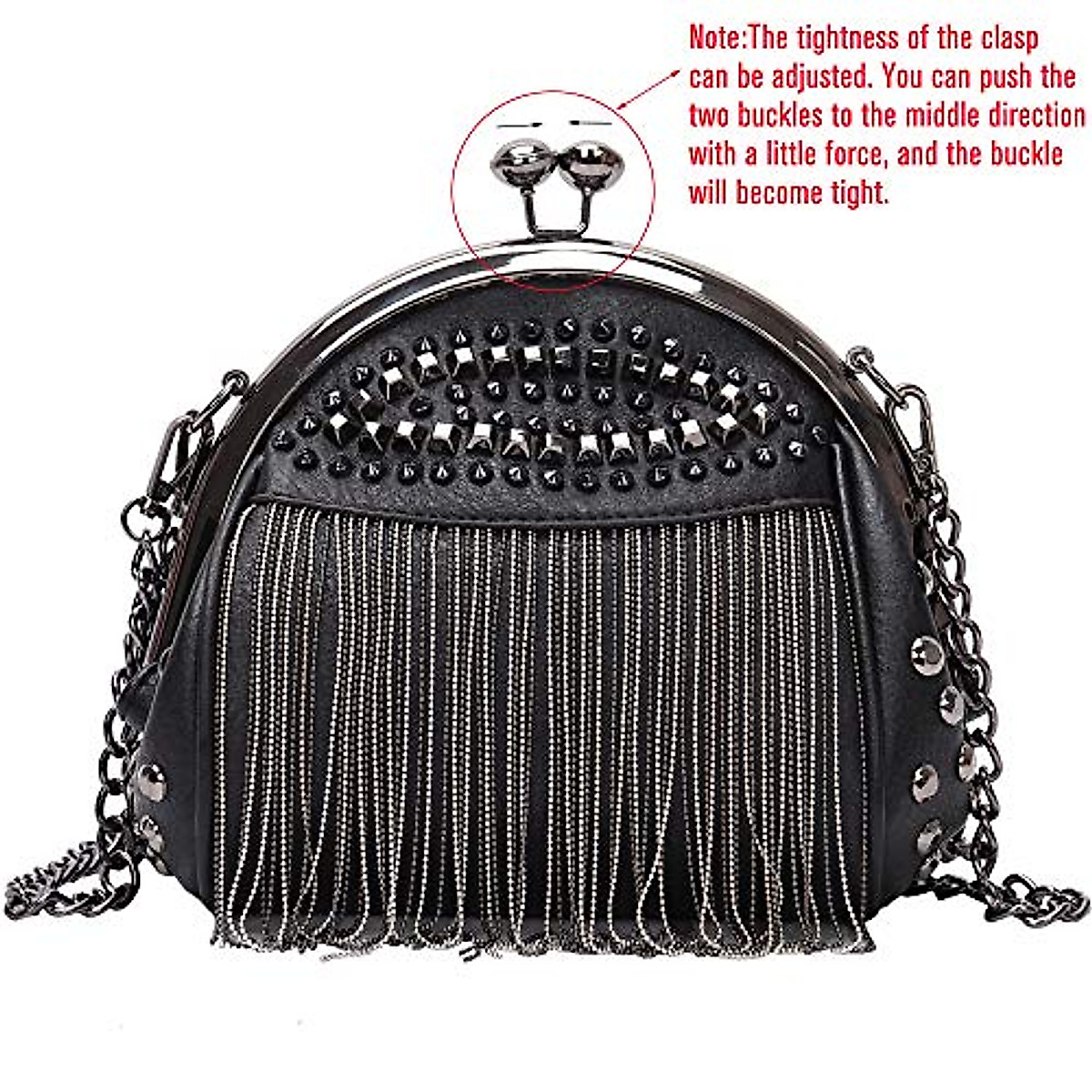 Punk Style Crossbody Bags for Women Rivet Tassel Evening Clutch Purse Ladies Black Chains Shoulder Bag (Black)